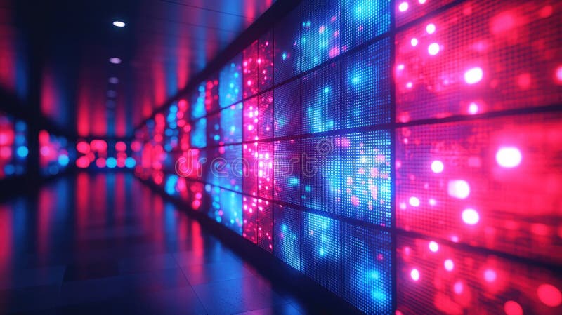 A Futuristic Hallway Lined with Digital Screens Showing Colorful ...