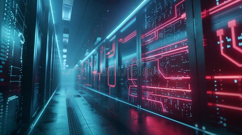 Futuristic Hallway with Neon Blue and Red Lighting in a High-Tech ...
