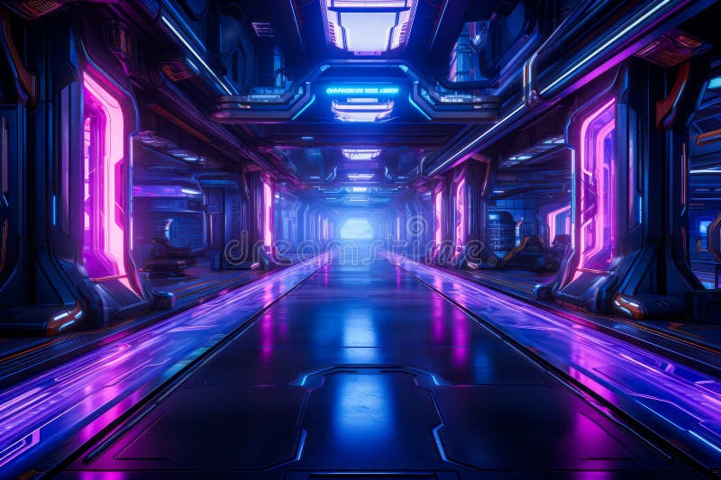 Futuristic Hallway with Neon Lights and Long Corridor between Two ...