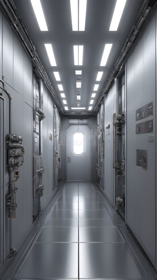 High-Tech Spaceship Hallway with Sleek Metallic Panels and Pipes Stock ...
