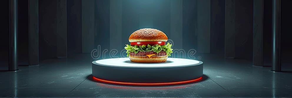Futuristic Hamburger Display in Dark Room with Neon Lighting Stock ...