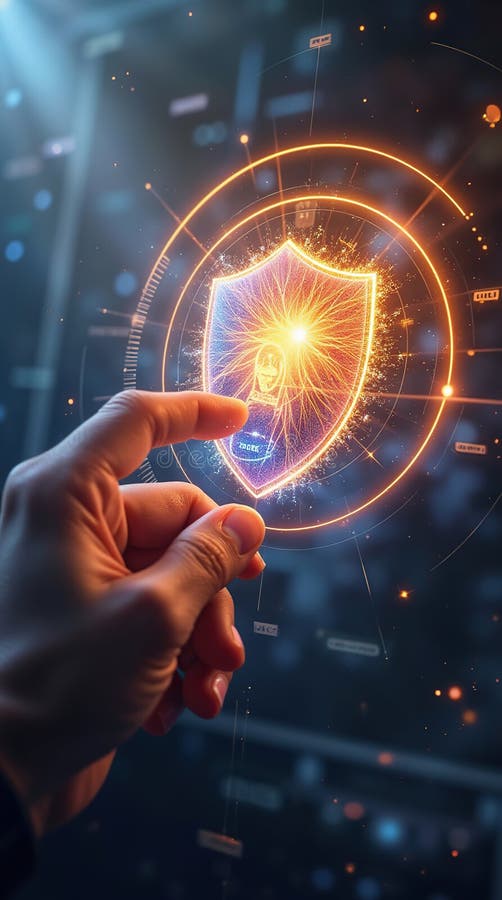 Futuristic Hand Activating Digital Shield in Neon Virtual Interface ...