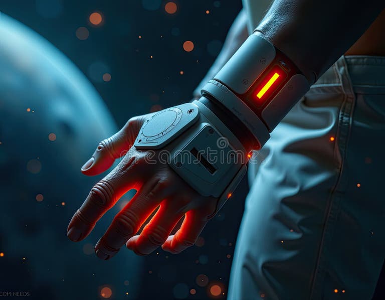 Futuristic Hand with Advanced Technology Wrist Device in Space Stock ...