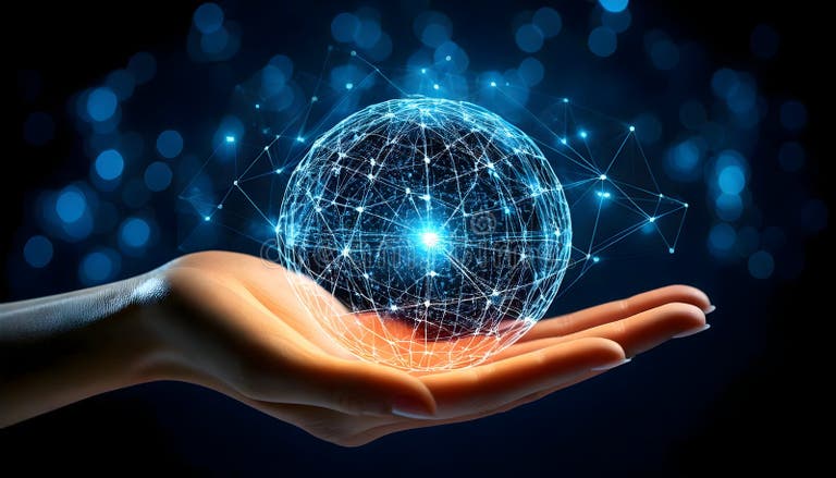 Futuristic Hand Holding a Luminous Network Globe, Representing AI and Technology Evolution Stock ...
