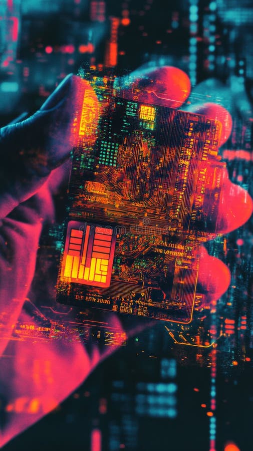 Futuristic Hand Holding Vibrant Digital Device Illuminated with Neon ...