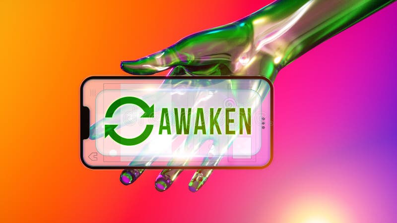 A Futuristic Hand Holds a Glowing Phone Screen with AWAKEN Stock ...