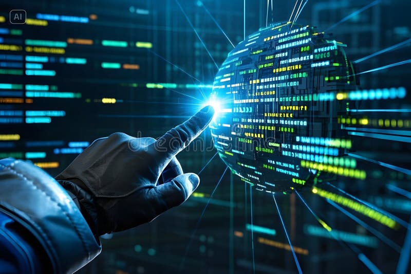 Futuristic Hand Interacting with a 3D Sphere of Code Stock Illustration - Illustration of ...