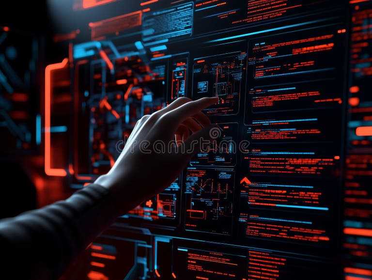 Futuristic Hand Interacting with Digital Interface Displaying Red and Blue Data. Screen Features ...