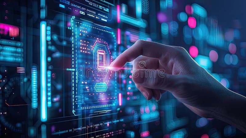 Futuristic Hand Interacting with Digital Technology Display at Night Stock Illustration ...