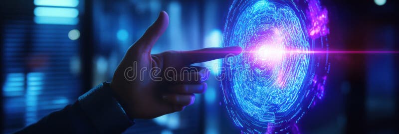 Futuristic Hand Interacting with Glowing Holographic Projection in ...