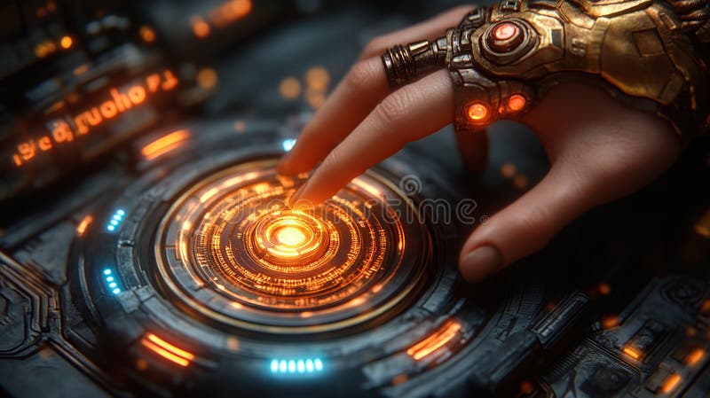 Futuristic Hand Interacts with Glowing Interface Stock Image - Image of ...