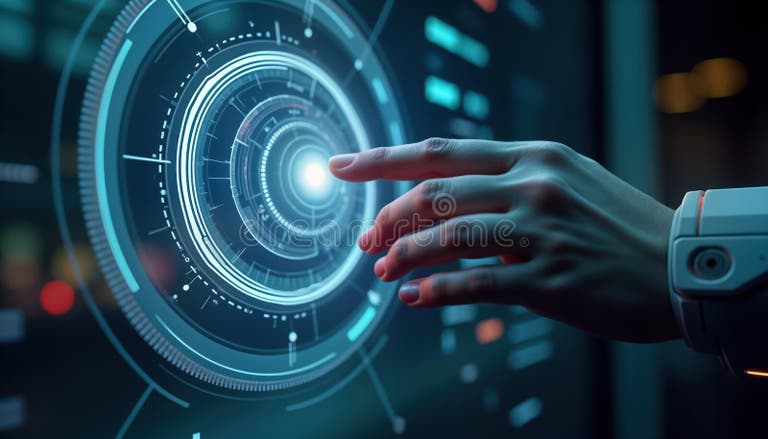 Futuristic Hand Interacts with Glowing Interface. Hand Touches ...