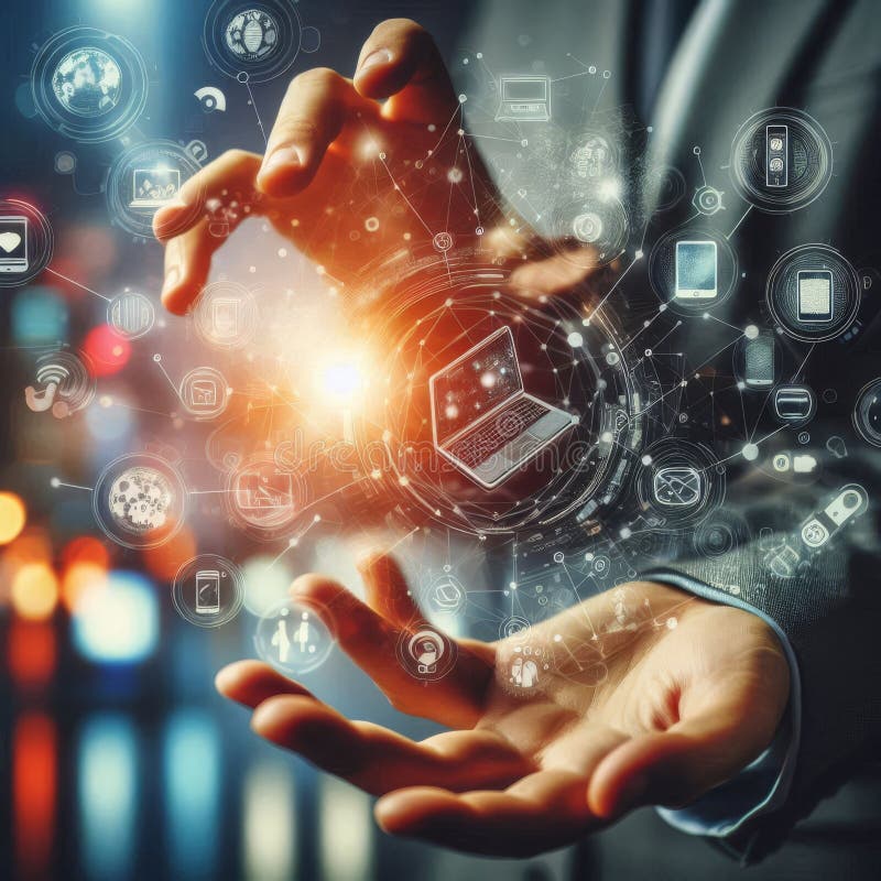 Futuristic Hand Interface with Technology Icons Stock Illustration ...