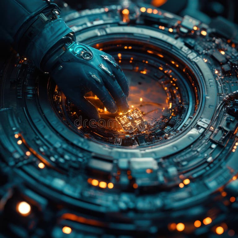 Futuristic Hand Manipulating Digital Circuit Board in Sci-Fi Setting ...