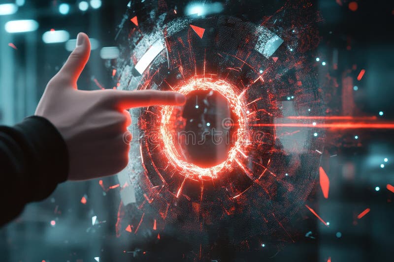 Futuristic Hand Pointing at Digital Red Sphere with Light Effects Stock ...