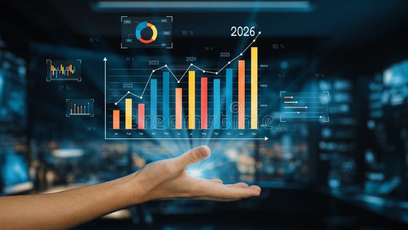 Futuristic Hand Presenting Growing Business Graphs with Data Charts and ...