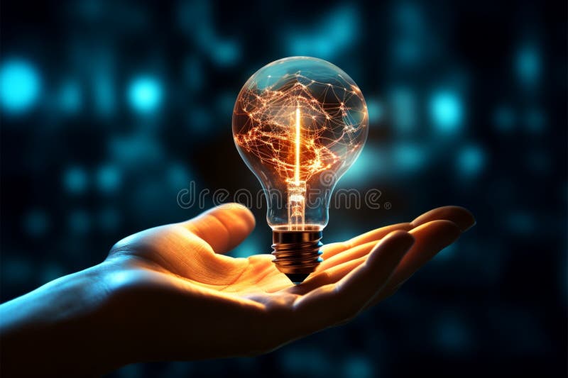 Futuristic Hand Reaches for a Light Bulb in a Dynamic Space Stock ...
