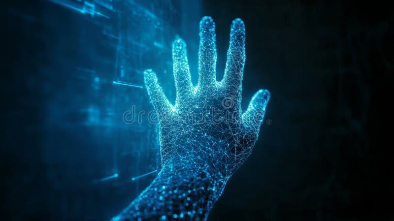 Futuristic Hand Reaching for a Glowing Blue Digital Interface with ...