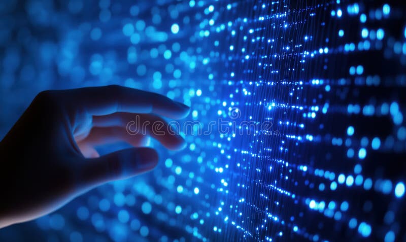 Futuristic Hand Reaching Towards Glowing Blue Digital Data Stream Stock ...