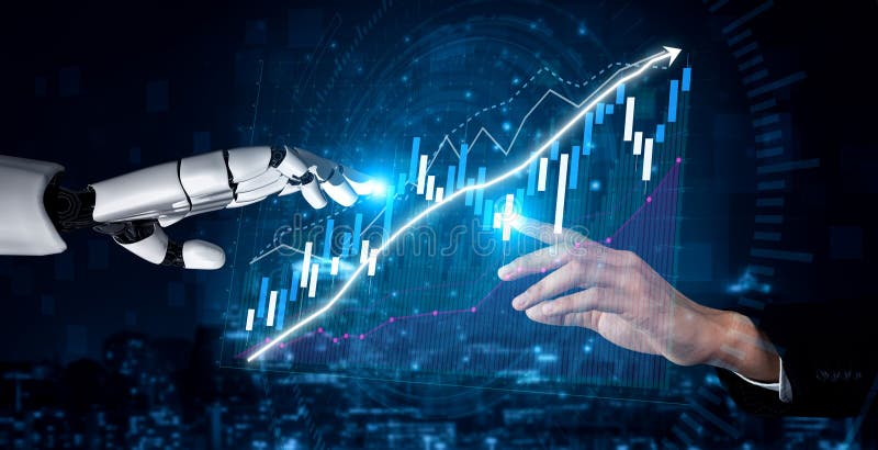 Futuristic Hand of Robot and Human Interacting with Digital Data Analytics and Financial Graphs ...