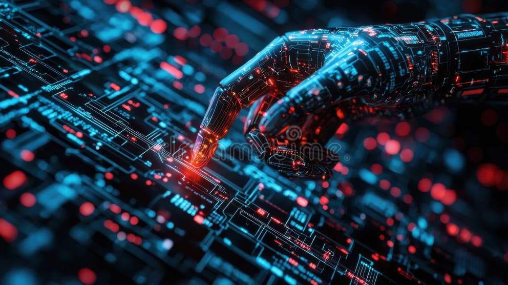 Futuristic Hand Touching Digital Interface with Circuit Patterns Stock ...