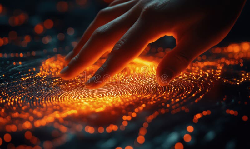 Futuristic Hand Touching Glowing Fingerprint Pattern with Vibrant ...