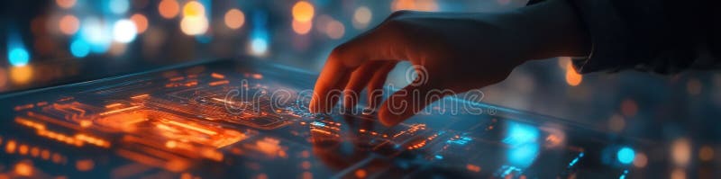 Futuristic Hand Touching Holographic Chip with Cityscape at Night ...