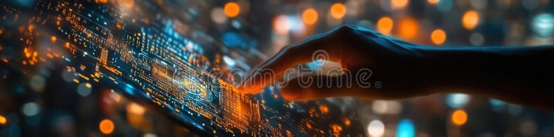 Futuristic Hand Touching Holographic Chip with Cityscape at Night ...