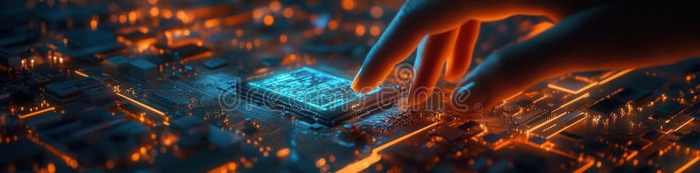 Futuristic Hand Touching Holographic Chip with Cityscape at Night ...