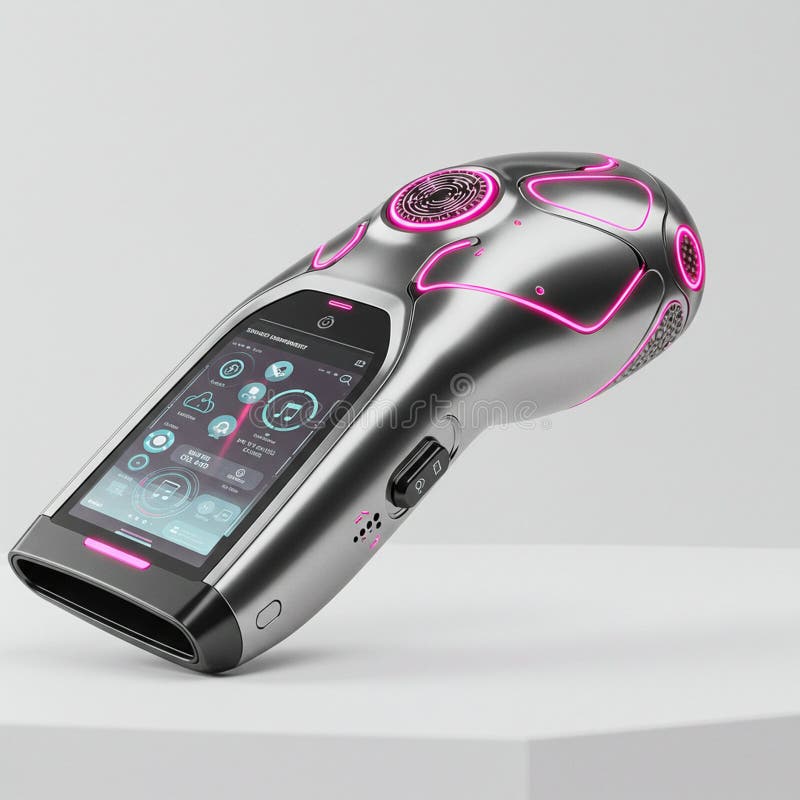 Futuristic Handheld Device with a Sleek Metallic Design and Neon Pink ...