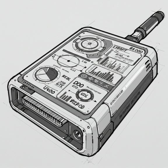 Futuristic Handheld Device with Various Dials, Graphs, and Displays on ...