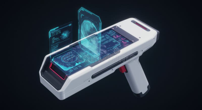 Futuristic Handheld Scanner with Holographic Display Stock Illustration ...