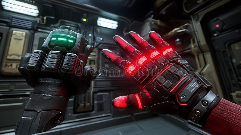 A Futuristic Hands Holding a Digital Device with Bright Red Lights ...