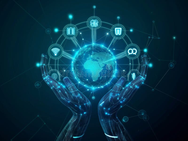 Futuristic Hands Holding Digital Globe with Network Icons Stock Photo ...
