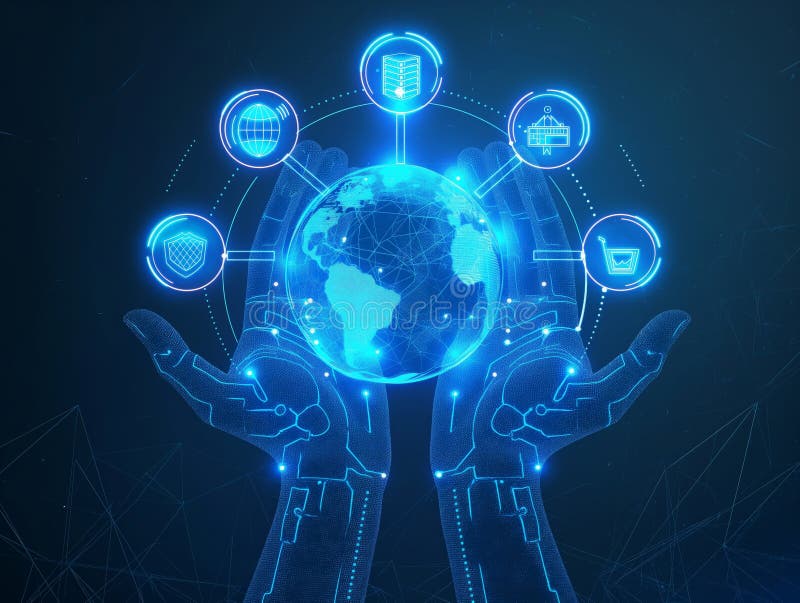 Futuristic Hands Holding Digital Globe with Network Icons Stock Image ...