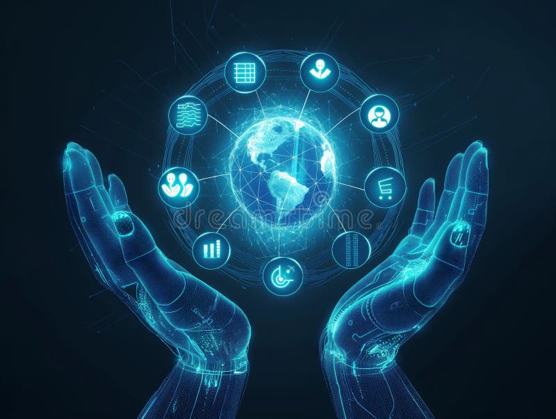 Futuristic Hands Holding Digital Globe with Technology Icons Stock ...