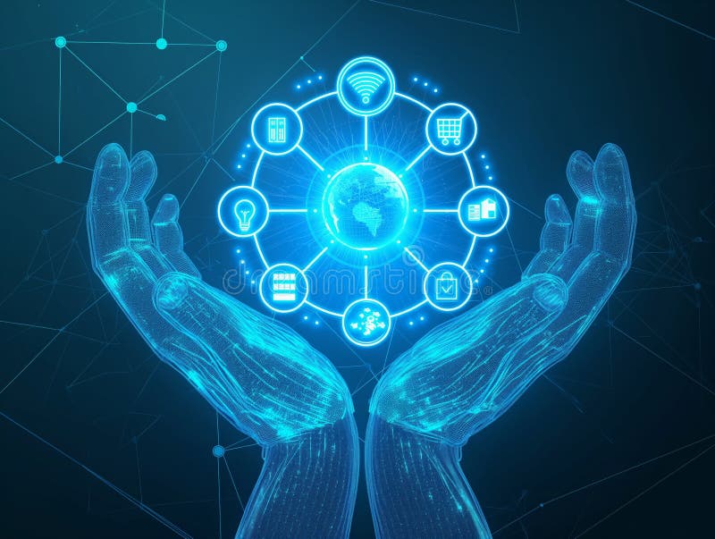 Futuristic Hands Holding Digital Globe with Technology Icons Stock ...
