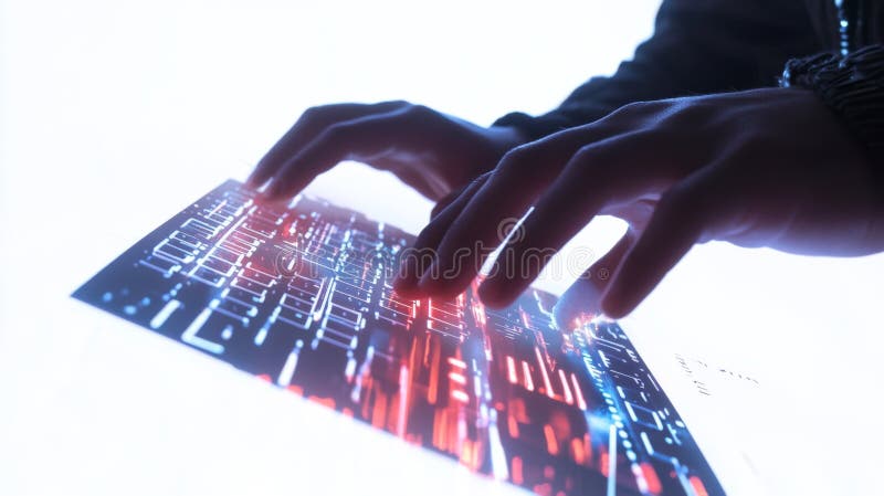 Futuristic Hands Interacting with Digital Keyboard Glowing in Vibrant ...
