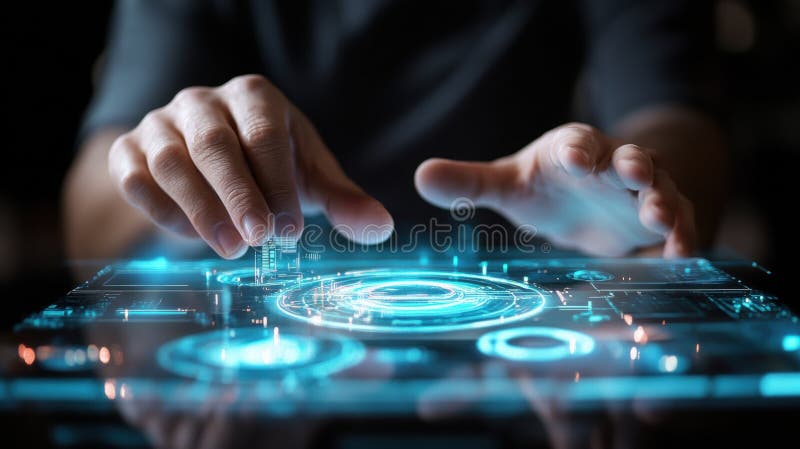 Futuristic Hands Interacting with a Glowing Holographic Touchscreen ...