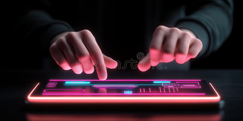Futuristic Hands Interacting with Glowing Touchscreen Interface Stock ...