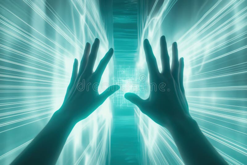 Futuristic Hands Reaching into Digital Portal of Light and Technology ...