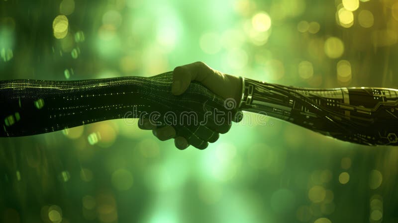 Futuristic Handshake between Two Robotic Arms in Green Lighting Stock ...