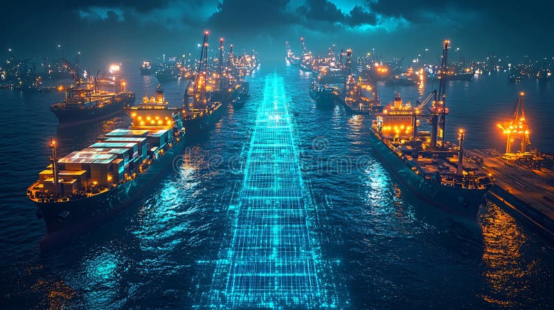 Busy Port Channels at Night Stock Photo - Image of ship, energy: 374021194