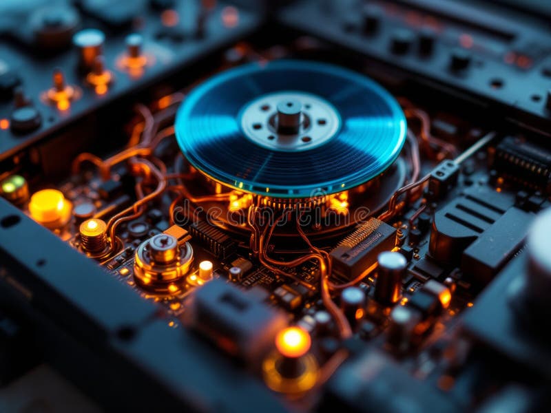 Futuristic Hard Disk Spinning, Showing Complex Electronic Components ...