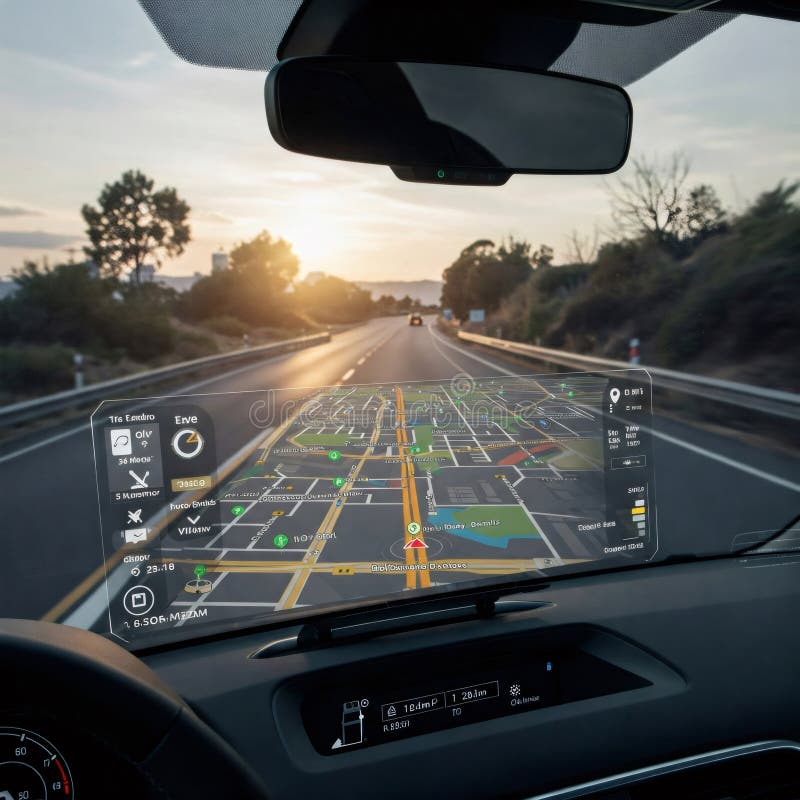 Futuristic Head-up Display Showing Navigation Map in Car Windshield ...
