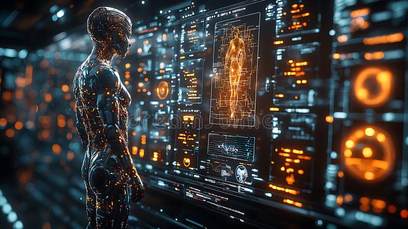 Futuristic Healthcare System Featuring AI Driven Humanoid Robot Analyzing Data on Digital ...