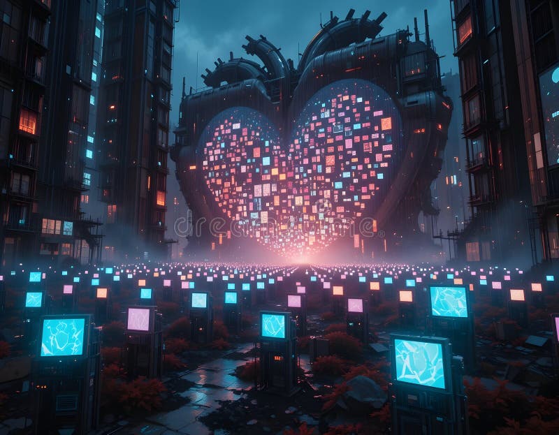 Futuristic Heart Shaped Structure in Cityscape with Glowing Screens ...