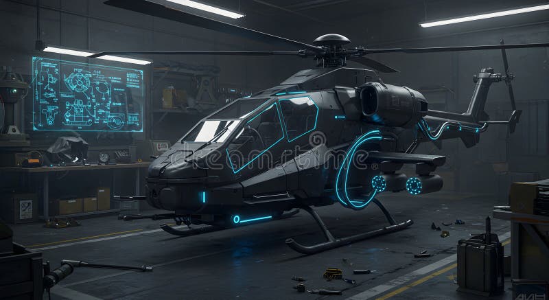 Futuristic Helicopter Prototype in High-Tech Hangar with Glowing Neon ...