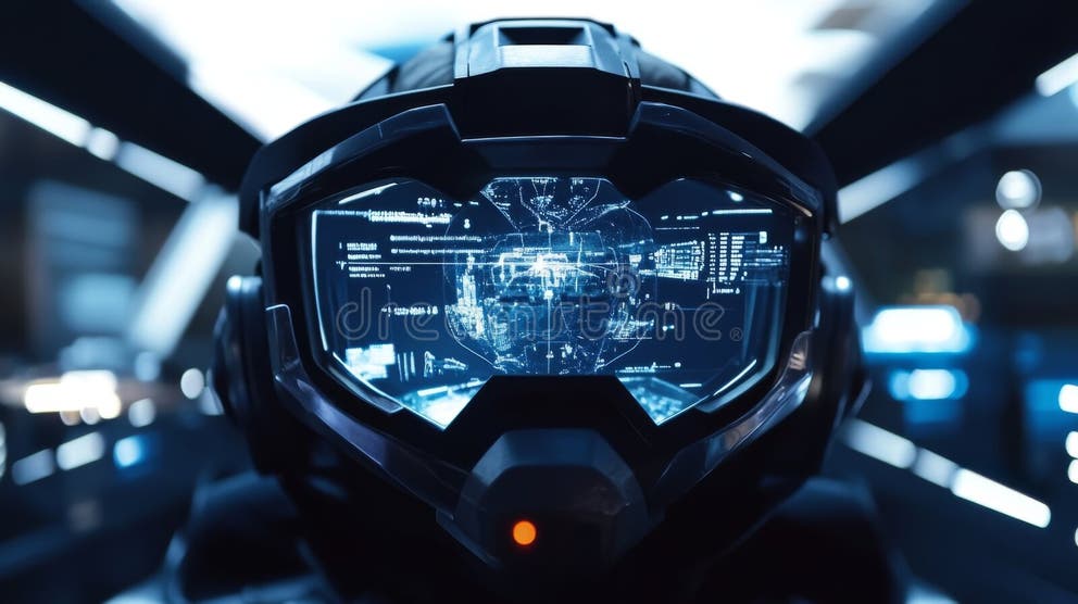 Futuristic Helmet with Digital HUD Display in Sci-Fi Environment Stock ...
