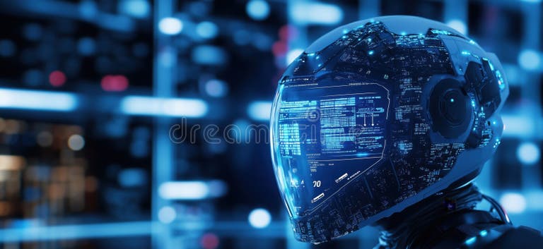 Futuristic Helmet with Digital Interface and Glowing Circuitry in High ...